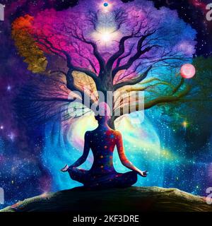 Tree Spirit Meditation, Ökologie Reflexion, Mensch und Baum verflochten ...