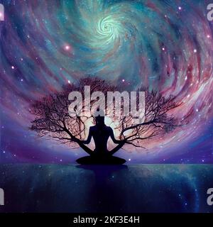 Tree Spirit Meditation, Ökologie Reflexion, Mensch und Baum verflochten ...