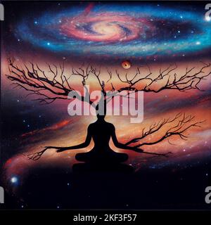 Tree Spirit Meditation, Ökologie Reflexion, Mensch und Baum verflochten ...