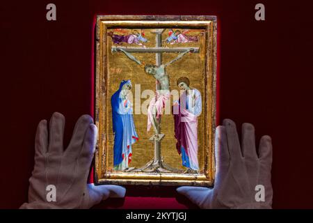 Bolognese-Schule, 13.. Jahrhundert, Kreuzigung mit der Jungfrau, Johannes der Evangelist, und ...