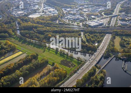 Luftbild, neue Radbrücke, Autobahn A1, Volme Mündung, Fluss Ruhr, Wehr ...