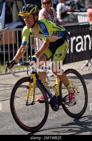 Polnischer Rafal Majka von Tinkoff-Saxo trägt das rote Polka-Dot-Trikot ...