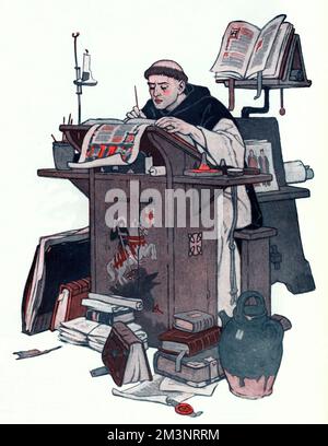 Ein Mönch Schreiber schreiben an seinem Schreibtisch, von Handschriften ...
