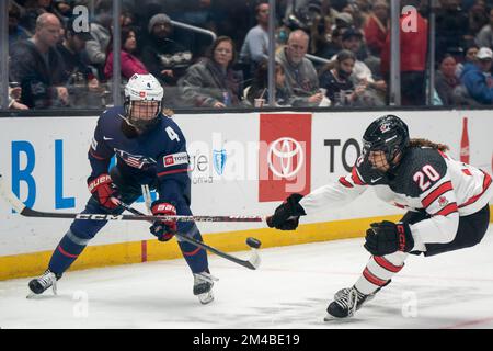 Canada forward Sarah Nurse (20) is stopped by United States goaltender ...