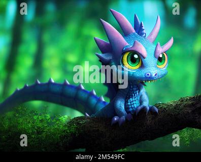 Ein mythischer blauer Drache, der im Stil der 3D Jahre in verschiedenen ...