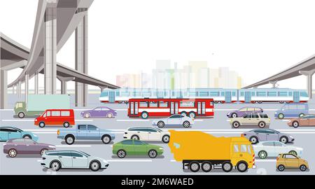 Autobahn mit Schnellzug, Bus und PKW, Illustration Stockfotografie - Alamy