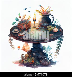 Generative AI Aquarell Fantasy Table mit Essen und Zweigbogen Stockfotografie - Alamy