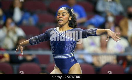 California's eMjae Frazier competes on the floor exercise during an ...