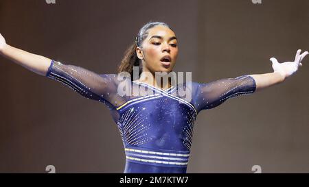 California's eMjae Frazier competes on the floor exercise during an ...