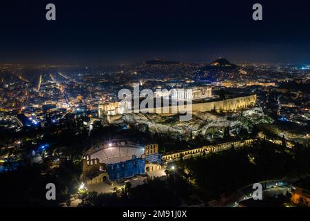 Die Akropolis mit dem Parthenon und das Herodion Theater. Blick vom ...