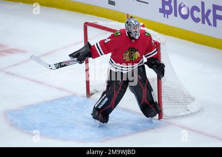 Chicago Blackhawks goaltender Petr Mrazek reacts during the third ...