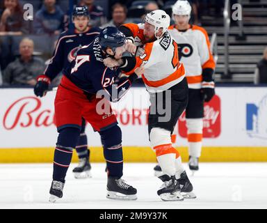 Columbus Blue Jackets forward Mathieu Olivier waits for the puck drop ...
