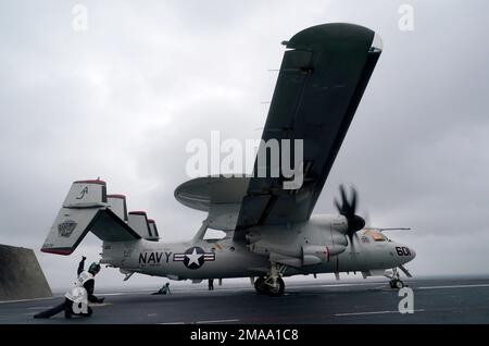 A US Navy E-2 Hawkeye Airborne Command Aircraft bears the markings of ...
