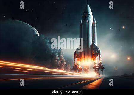 Das Raumschiff startet vom Startplatz auf der Erde. Weltraumforschung ...