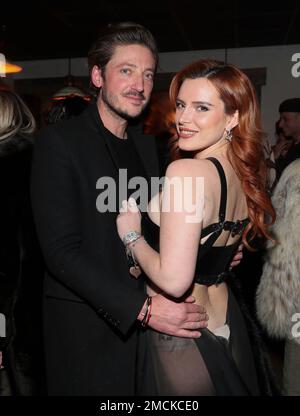 Actor Bella Thorne, right, and Mark Emms, left, attend the "Divinity ...