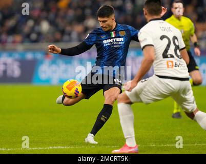 Inter Milan's Joaquin Correa, left, is fouled by Cremonese's Matteo ...