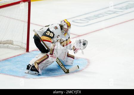 Vegas Golden Knights goaltender Laurent Brossoit (39) grabs the puck ...