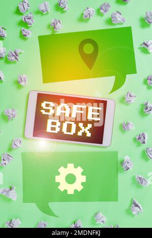 Schild mit Safe Box. Geschäftsübersicht Eine kleine Struktur, in der ...