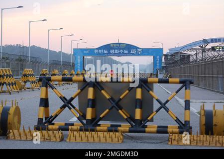 Barricades are placed near the Unification Bridge, which leads to the ...