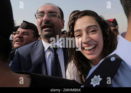 Released Jordanian detainee Abdul Rahman Miri arrives at the King Hussein Bridge border crossing ...