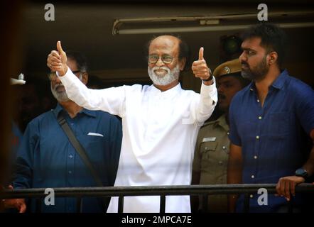 Indian movie superstar Rajinikanth, center, gestures as he addresses a ...