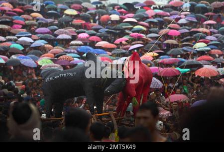Indian Pnar or Jaintia tribesmen carry 'Rongs' or chariots and dance in ...