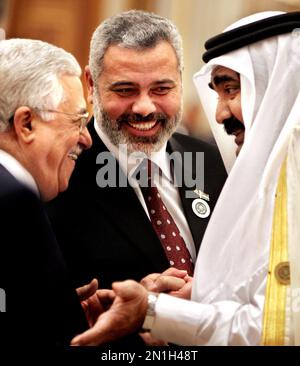 Palestinian Prime Minister Ismail Haniyeh of Hamas speaks to ...