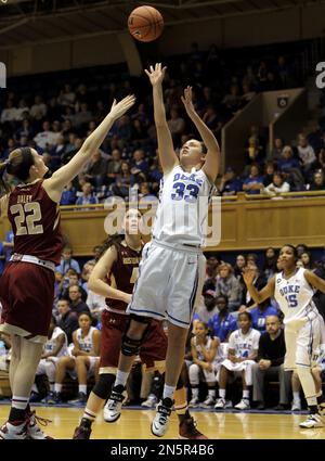 Duke's Haley Peters (33) shoots as Presbyterian's Keyonna Allen (21 ...