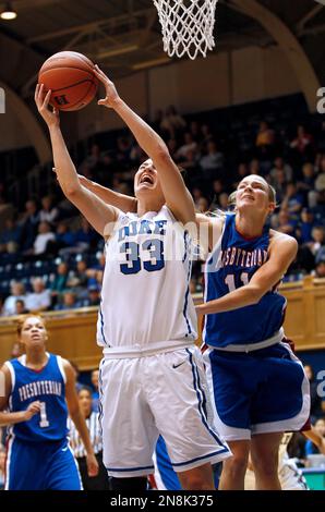Duke's Haley Peters (33) shoots as Presbyterian's Keyonna Allen (21 ...