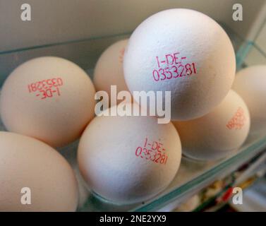 Eier mit Kennzeichnung liegen am Dienstag, 18. Maerz 2008, in einem ...