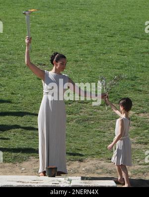 Greek actress Maria Nafpliotou, who plays the role of high priestess ...