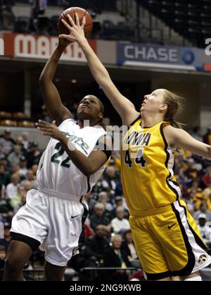 Michigan State's Aisha Jefferson, left, is fouled by Iowa's Megan ...