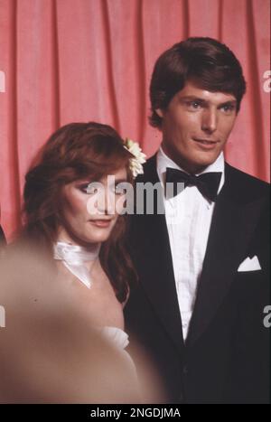 Actress Margot Kidder, left, and actor Christopher Reeve pose in front ...