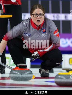 Northwest Territories skip Kerry Galusha delivers a rock while playing ...