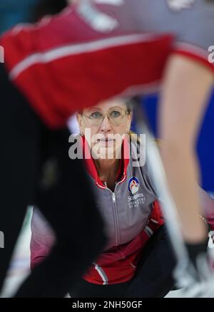 Northwest Territories fourth Jo-Ann Rizzo reacts after her shot while ...