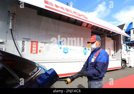 A mobile hydrogen refueling station is opened in Shinjuku Ward, Tokyo on October 30, 2022. ENEOS ...