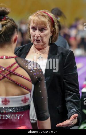 January 07, 2022: Centenary Head Coach Jackie Fain speaks with one of ...