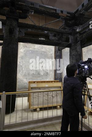 The mural painting at Kondo (main hall) of Horyuji Temple is opened to ...