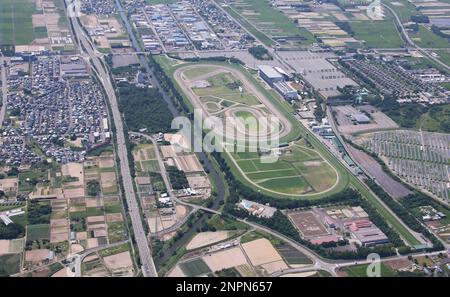 An aerial photo shows Niigata Racecourse where races are held on ...