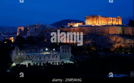 A photo shows the former temple Parthenon of the ancient Greek ...