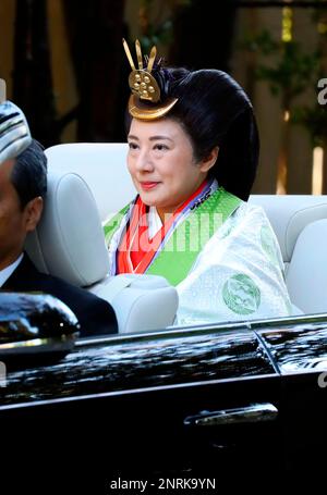 Japan's Empress Masako wearing a 12-layered ceremonial kimono visits ...