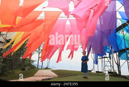 Japanese traditional cloth, Takashima chijimi are hung at the top of Mt ...
