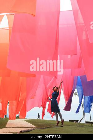 Japanese traditional cloth, Takashima chijimi are hung at the top of Mt ...