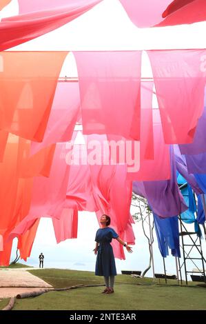 Japanese traditional cloth, Takashima chijimi are hung at the top of Mt ...