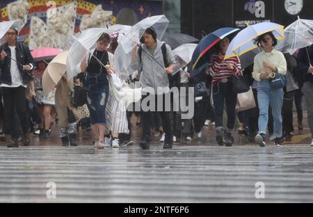 Pedestrians holding an umbrella struggle against a heavy rain and ...