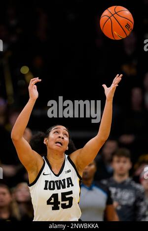 Iowa forward Hannah Stuelke grabs a rebound during the first half of an ...