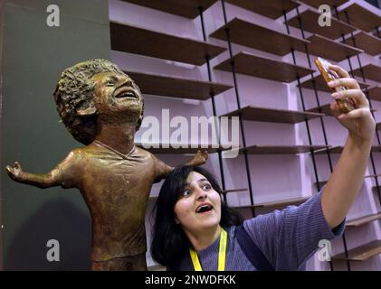 A bronze statue of Liverpool striker Mohammed Salah is on display in a ...