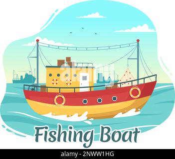 Anglerboot-Illustration mit Fischern, die Fische jagen, indem sie ...