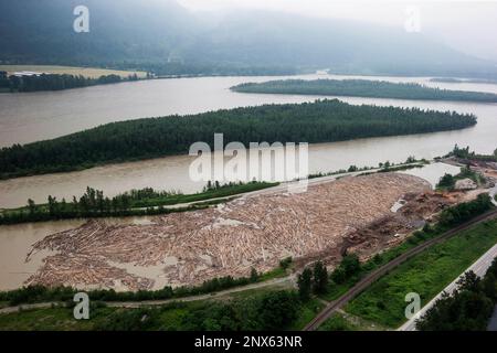 Workers use heavy equipment to clear logs from the Fraser River debris ...
