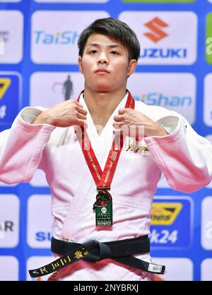 Hifumi Abe of Japan celebrates during an award ceremony of Men -66 kg ...